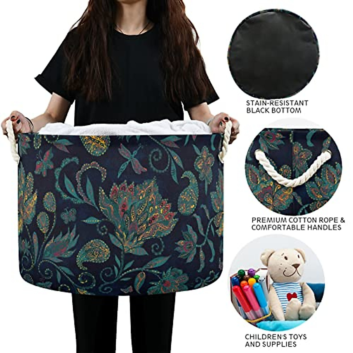 ALAZA Paisley Watercolor Floral Ethnic Pattern Storage Basket Gift Baskets Large Collapsible Laundry Hamper with Handle, 20x20x14 in