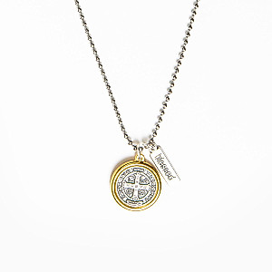 My Saint My Hero Benedictine Blessing Gold Rim Necklace - Divine Protection Benedictine Medal with 'Blessed' Tag, Prayer for Peace & Strength - Unisex, Hand-Cast in Italy
