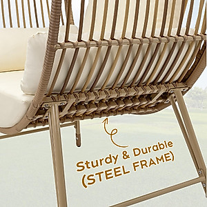 Yechen Egg Chair Outdoor, Oversized Wicker Patio Chairs with 350LBS Capacity, Rattan Porch Chair, 6.69'' Cushions for Living Room, Bedroom, Garden, Round Nest Chairs with Steel Stands Easy Assembly