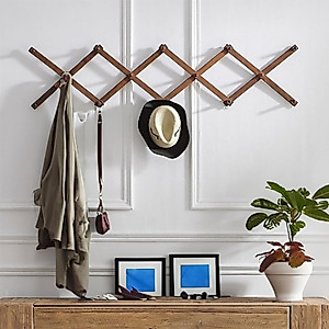 FixtureDisplays® Pine Wood Accordion Wallmount Hat Hanger, Expandable Purse Coat Backpack Rack with 14 Pegs 15745-NF