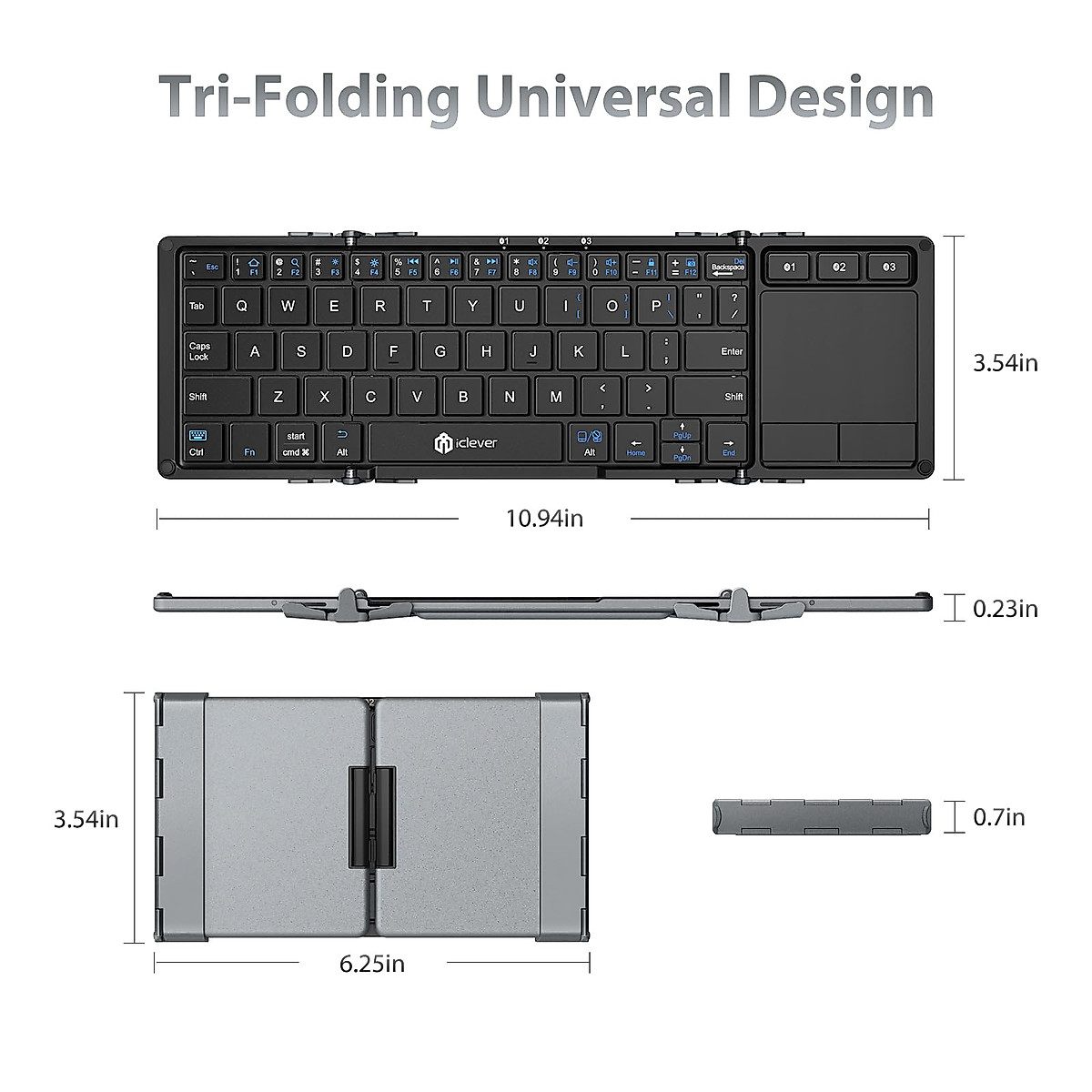 iClever Foldable Keyboard, BK08 Bluetooth Keyboard with Sensitive Touchpad, Multi Devices, Pocket-Sized Tri-Folding Portable Keyboard for iPad, iPhone, Smartphone, Laptop and Table