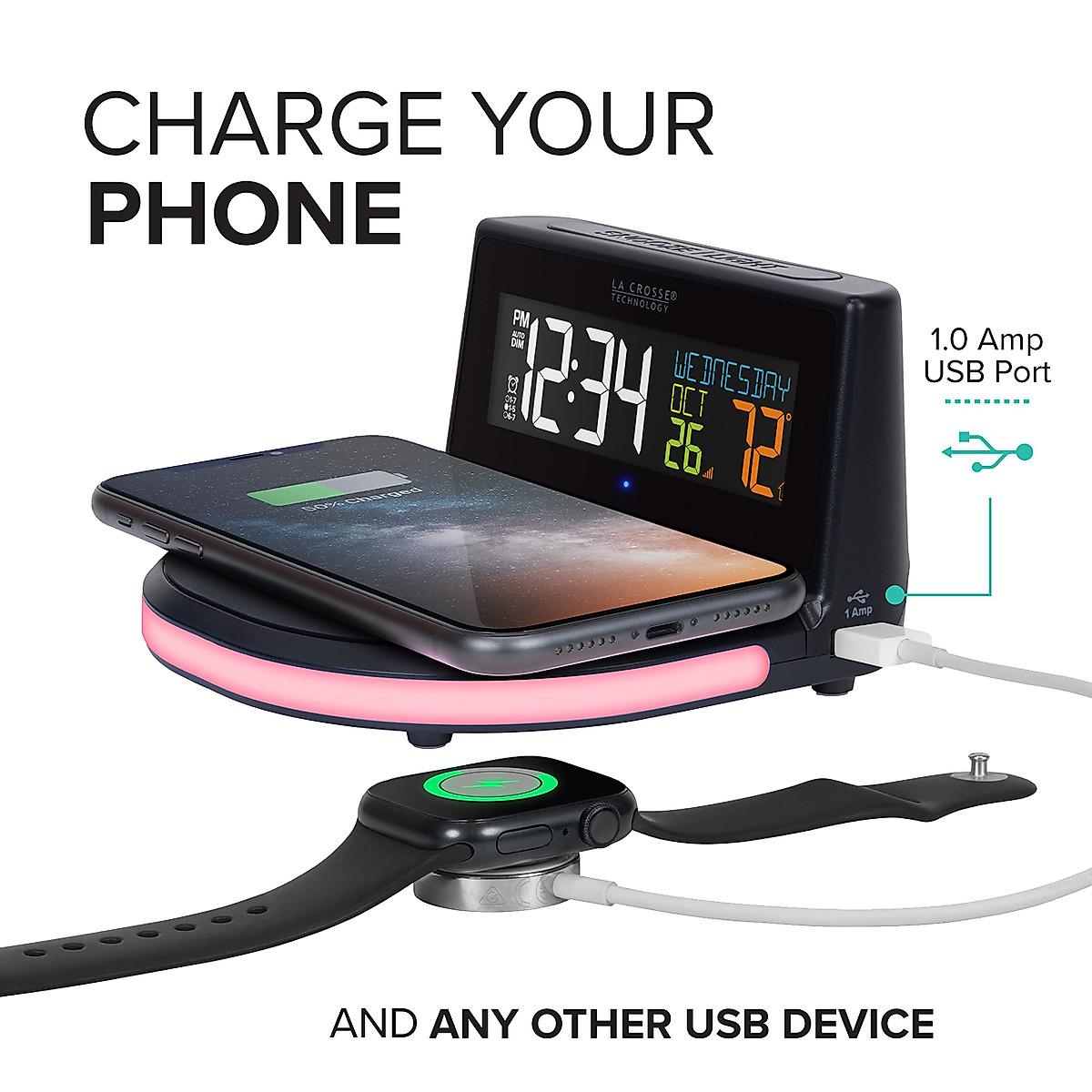 La Crosse Technology 617-84947-INT Wireless 5W Charging Alarm Clock with Glowing Base and Outdoor Sensor