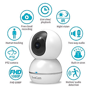 SpotCam Eva 2 Wireless Home Security Camera, 1080p FHD, Indoor, Night Vision, Two-Way Talk, Motion & Sound Alert, PTZ Pan/Tilt, Automatic Human Tracking, with Free Fulltime Cloud Recording