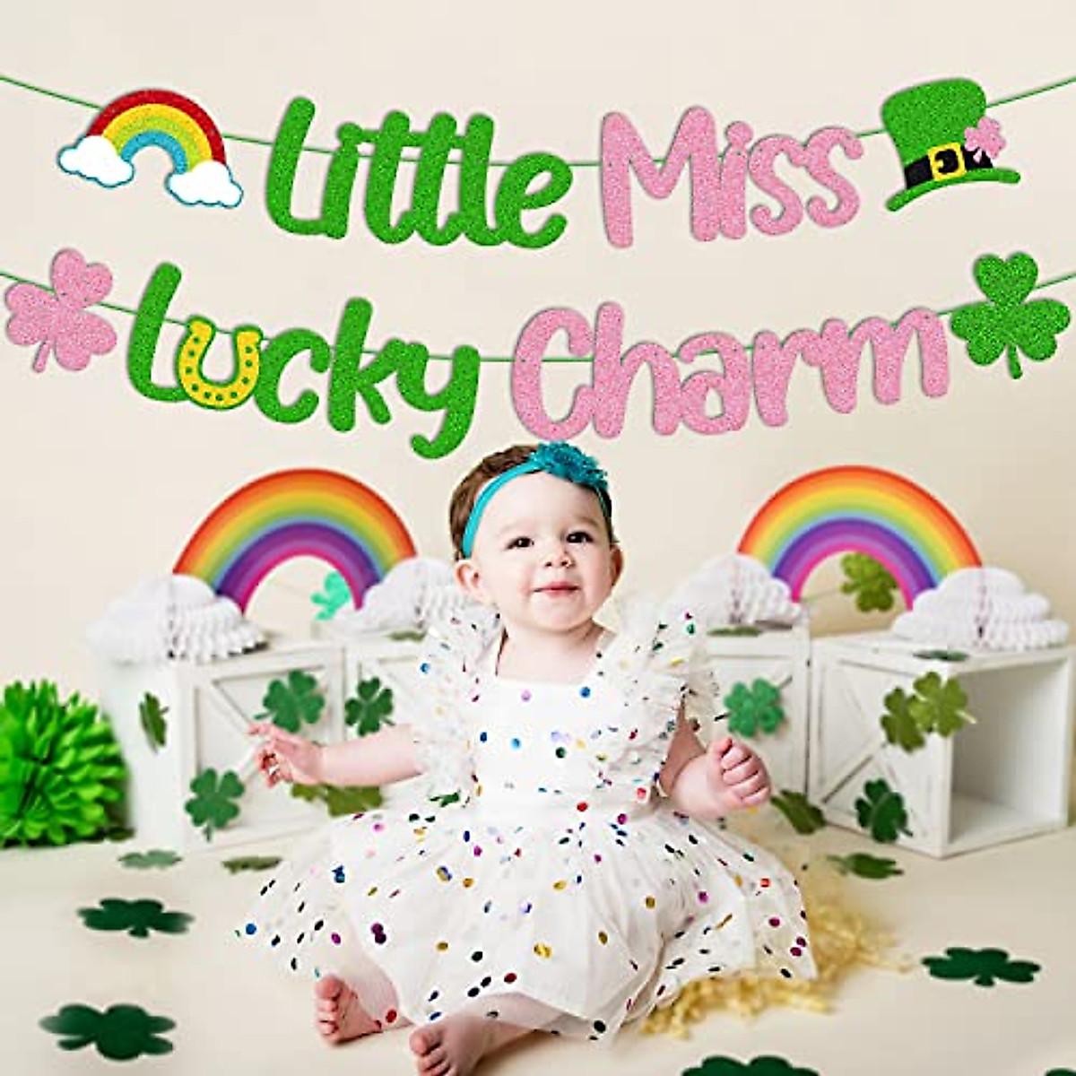 Little Miss Lucky Charm Banner St Patrick Day Decoration for Baby Girls Saint Patrick Garland Three Leaf Clover Shamrock Garland for Irish Day Party Decor Lucky Themed Baby Shower Birthday 1st 2nd 3rd 4th 5th 6th Birthday Party Anniversary Celebration Sup