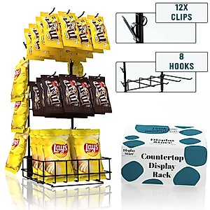 DS THE DISPLAY STORE Retail Display Rack, 12 Clips & 8 Peg Hooks Matte Black Countertop Snack Stand Organizer For Retail Store Supplies, Merchandise & Snack Display Stand, 9.76x11.18x23.58