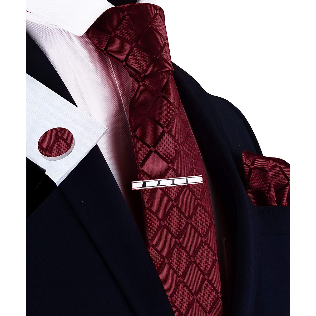 GUSLESON 3.15"（8cm） Men's Burgundy Plaid Tie Fashion Necktie Clip and Pocket Square Cufflinks Sets (6102-30)