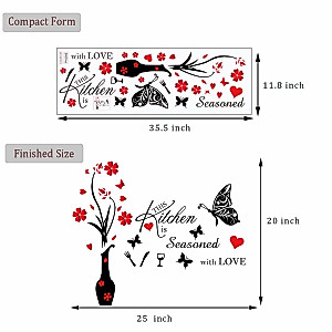 Kitchen Wall Decor Stickers Kitchen Quotes this Kitchen is Seasoned with Love Red Heart Butterfly Wall Sticker Removable Wall Decals Vase Wall Art Sticker for Dinning Room Kitchen Restaurants Home