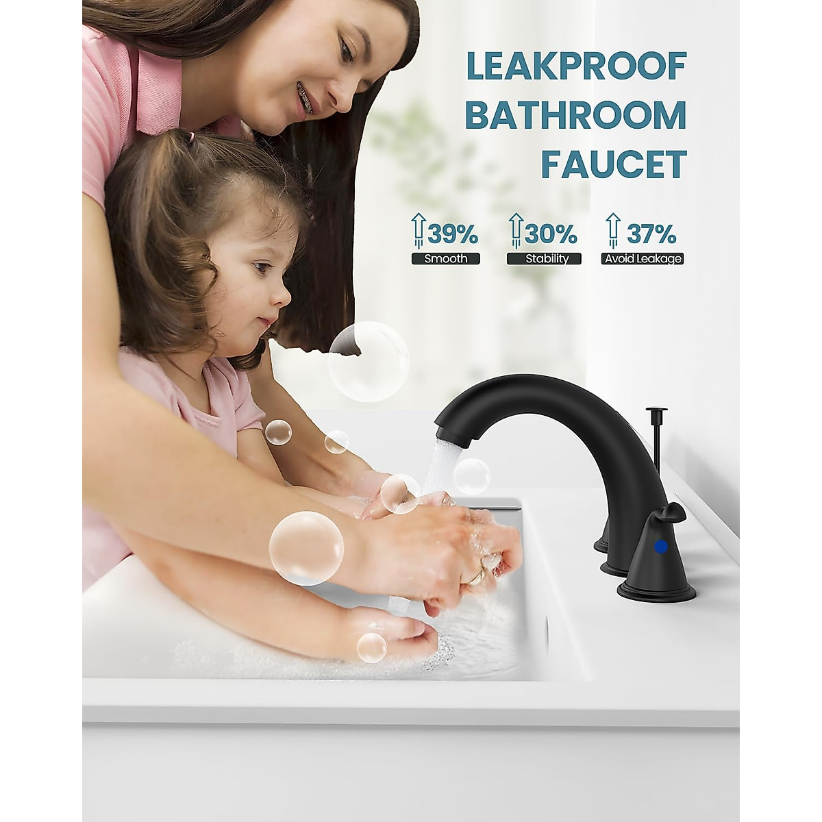 Black Bathroom Faucets, Faucet for Bathroom Sink - 2 Handle Basin Faucet, 3 Hole 8 Inch Widerspread Bathroom Faucet with Lift Rod Drain Assembly, Water Supply Lines Faucets for RV Bath Vanity