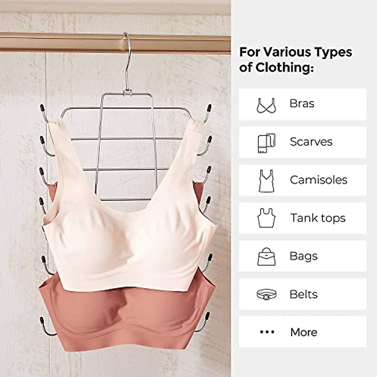 Bra Organizer, 2 Pack Tank Top Hanger for Closet Swivel Hook Foldable Design PODATOL Space Saving Hanger 'Metal Bra Holder Hanging Storage