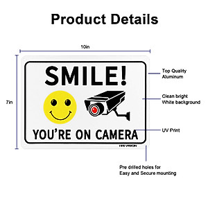 HISVISION 2 Pack Smile You're on Camera, Video Surveillance Sign, 10"x7" Rust Free Aluminum Metal Warning Sign UVresistance, Waterproof, Easy to Install for Home House and Business