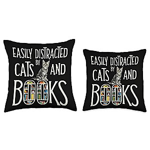 Cool Gifts for Book Lovers and Funny Cats Outfit. Funny Cat Shirts Easily Distracted by Cats & Books Lover Throw Pillow, 16x16, Multicolor