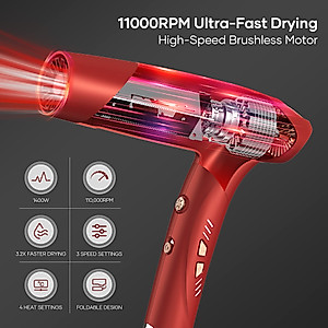 Hair Dryer, 110000 RPM Professional Positive and Negative Ionic Blow Dryer Brushless Motor for Fast Drying Low Noise, 3 Speed/4 Temperature with Magnetic Nozzle for Home, Travel, Salon