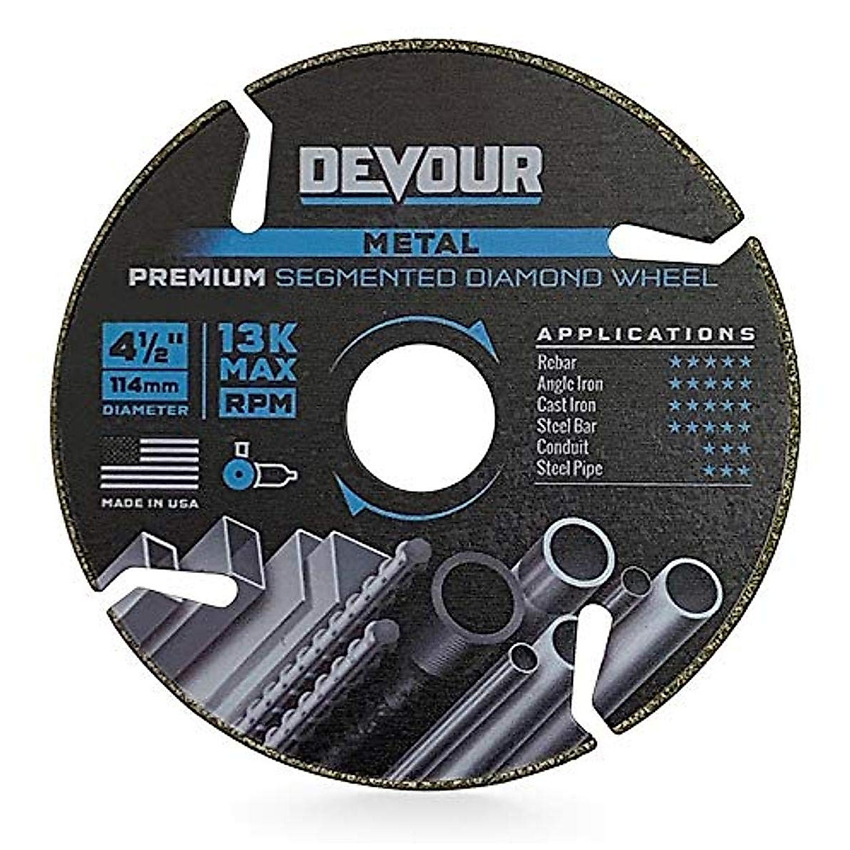 Devour 4.5" Premium Metal Segmented Rim Diamond Blade for Cutting Ferrous and Non-Ferrous Metals Including Cast Iron, Rebar, Angle Iron, Steel Pipe and More, Made in USA, 7/8-Inch Arbor (NT045ME)