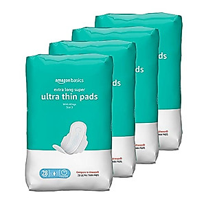Amazon Basics Ultra Thin Pads with Flexi-Wings for Periods, Extra Long Length, Super Absorbency, Unscented, Size 3, 112 Count (4 Packs of 28) (Previously Solimo)