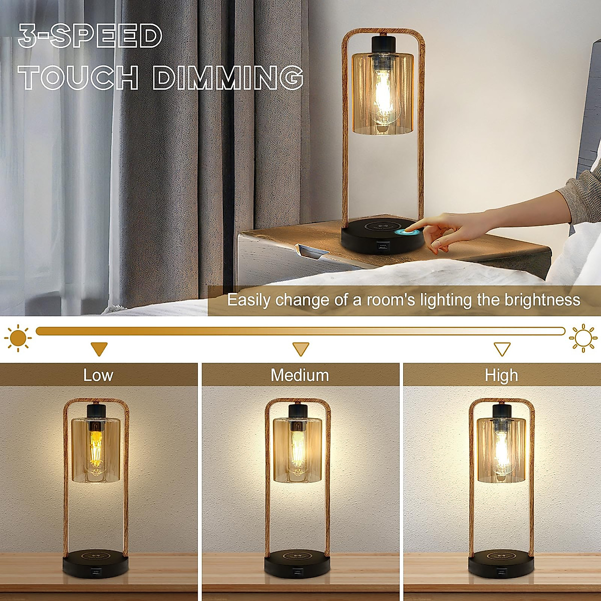 Wireless Charging Touch Lamps for Nightstand Set of 2 - Industrial Table Lamps for Bedrooms 3-Way Dimmable Bedside Lamps with USB, Wood Grain Desk Lamps with Amber Glass Shade for Home, Bulbs Included