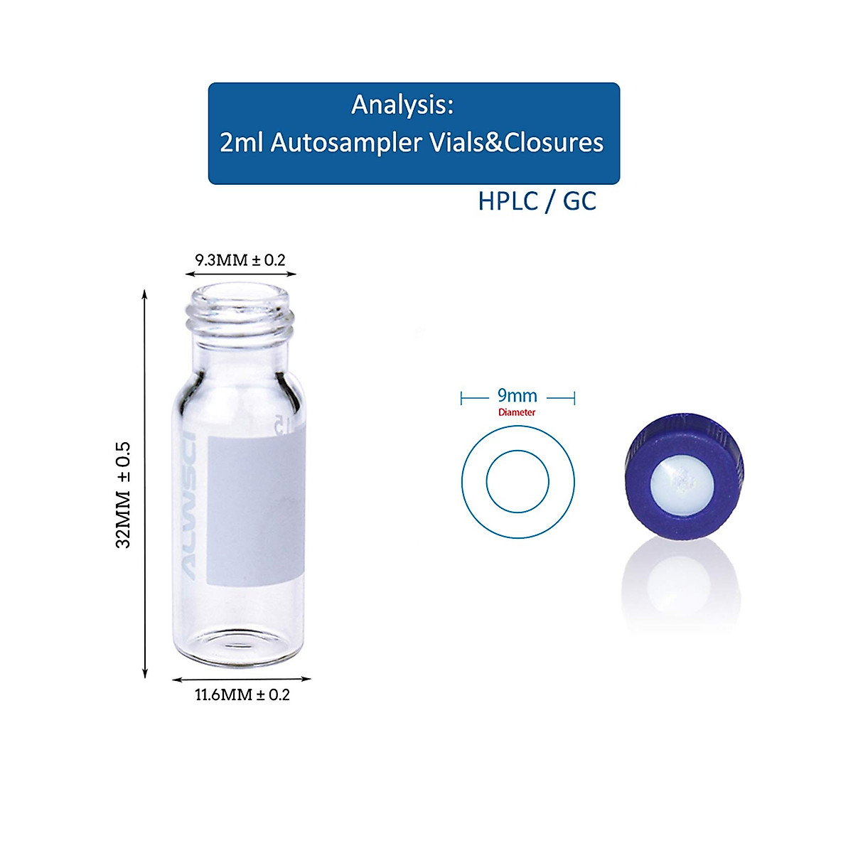 ALWSCI 2 ml Clear Autosampler Vial, HPLC Vial with Writing Area, 9-425 Screw Cap, 9 mm Blue PTFE & White Silicone Liner, 100pcs/pk