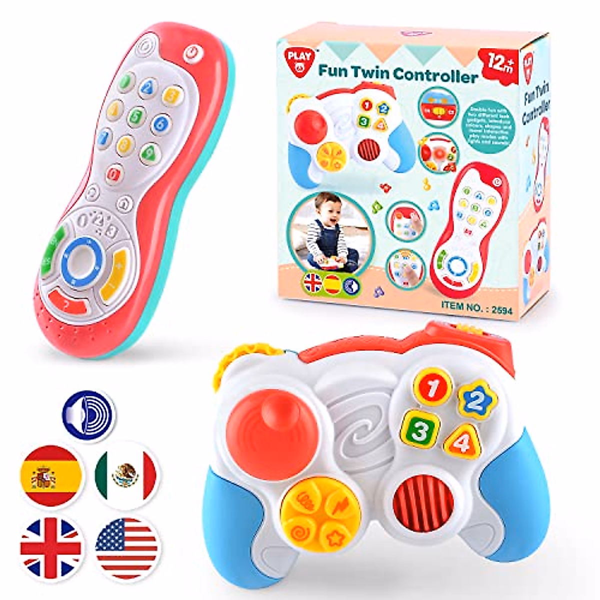 Baby Controller Toy - Bilingual Spanish & English Learning Toys, Pretend Video Game Controller & TV Remote Combo with Music and Light, Christmas Birthday Gift for Infants Toddlers 12+ Months