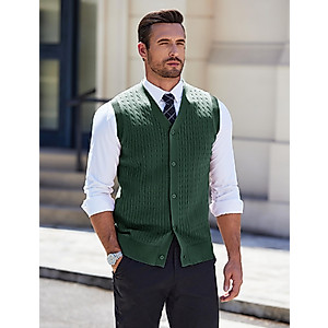 COOFANDY Men's Sleeveless Sweater Vest V-Neck Casual Cable Knit Button Down Cardigan Vest Green