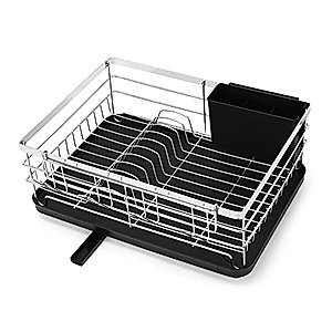 Fogein Dish Drying Rack,Dish Racks for Kitchen Counter，Stainless Steel Dish Drainer with Utensil Holder Removable Drainer Tray for Kitchen Countertop(Black)