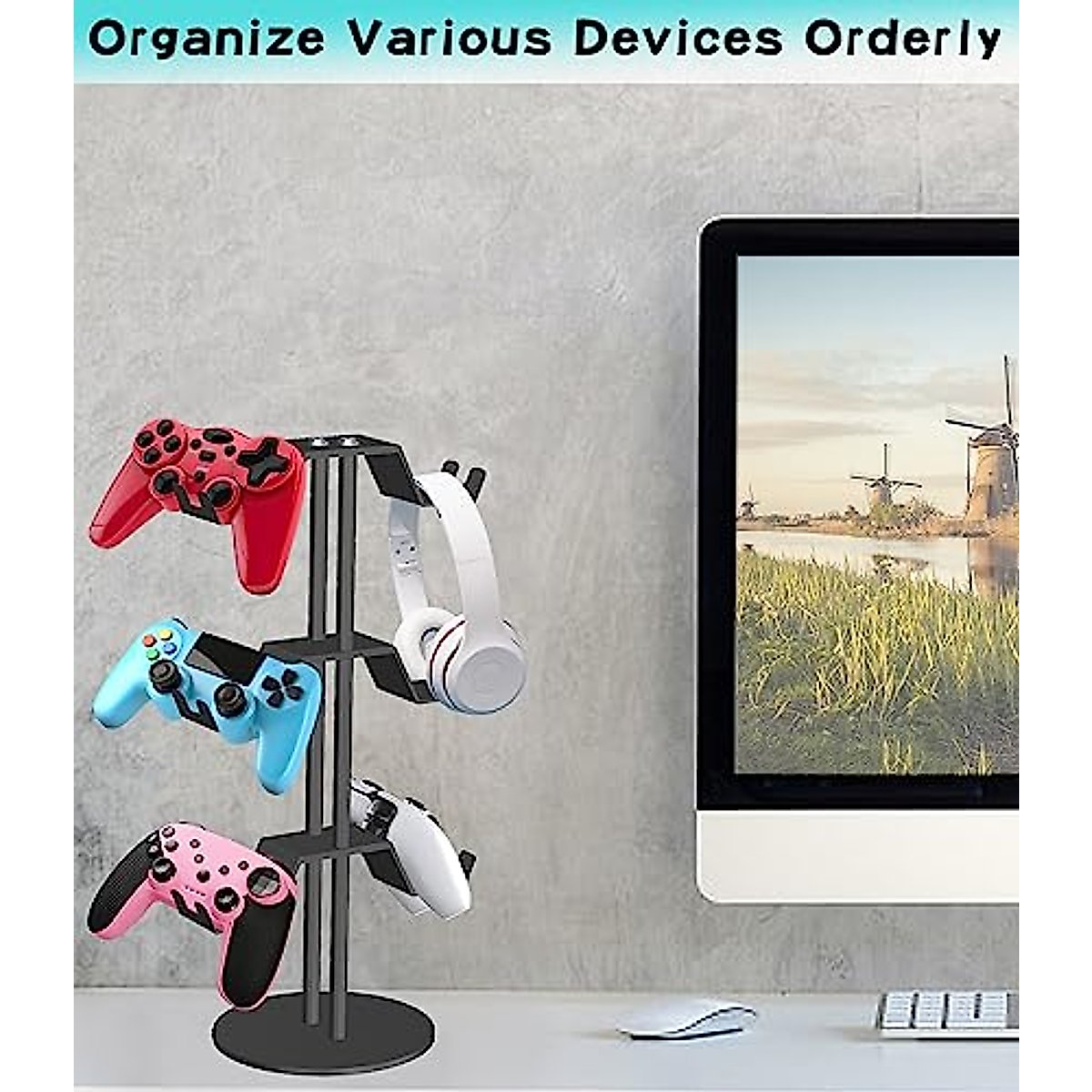 Ahomiwow Controller Holder Display Storage 3 Tier Hook for Desk Organizer Stand Hanger Neat Game Controller Hangers for All Universal PC Accessories Easy Assembly Space Save