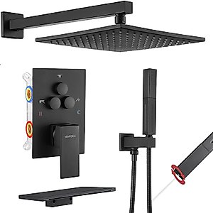 VANFOXLE Shower Faucets Sets Complete Matte Black Shower System with Tub Spout Push Button Diverter Shower Faucet Fixtures with 2 in 1 Handheld, 10 Inch Shower Head(Rough-in Valve Body and Trim)