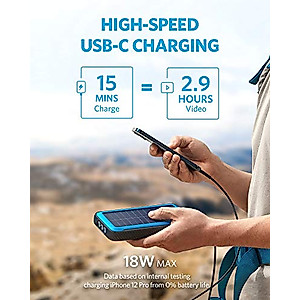 Anker PowerCore Solar 20000, 18W USB-C Power Bank 20,000 mAh with Dual Ports, Flashlight, IP65 Splash Proof and Dustproof for Outdoor Activities, Compatible with Smartphones and Other Devices