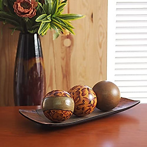 Hosley Brown Hand Painted Pattern Decorative Bowl Tray and Orb Ball Set 15 Inches Long Burlwood Style Finish Ideal Gift for Weddings Party Spa Reiki Meditation Settings O3