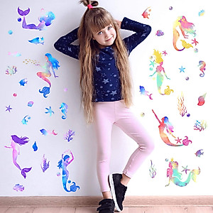 4 Sheets Mermaid Wall Decals Mermaid Wall Stickers Colorful Gouache Mermaid Decal for Girls Kids Bedroom Nursery Classroom Birthday Party Peel and Stick Wall Decals