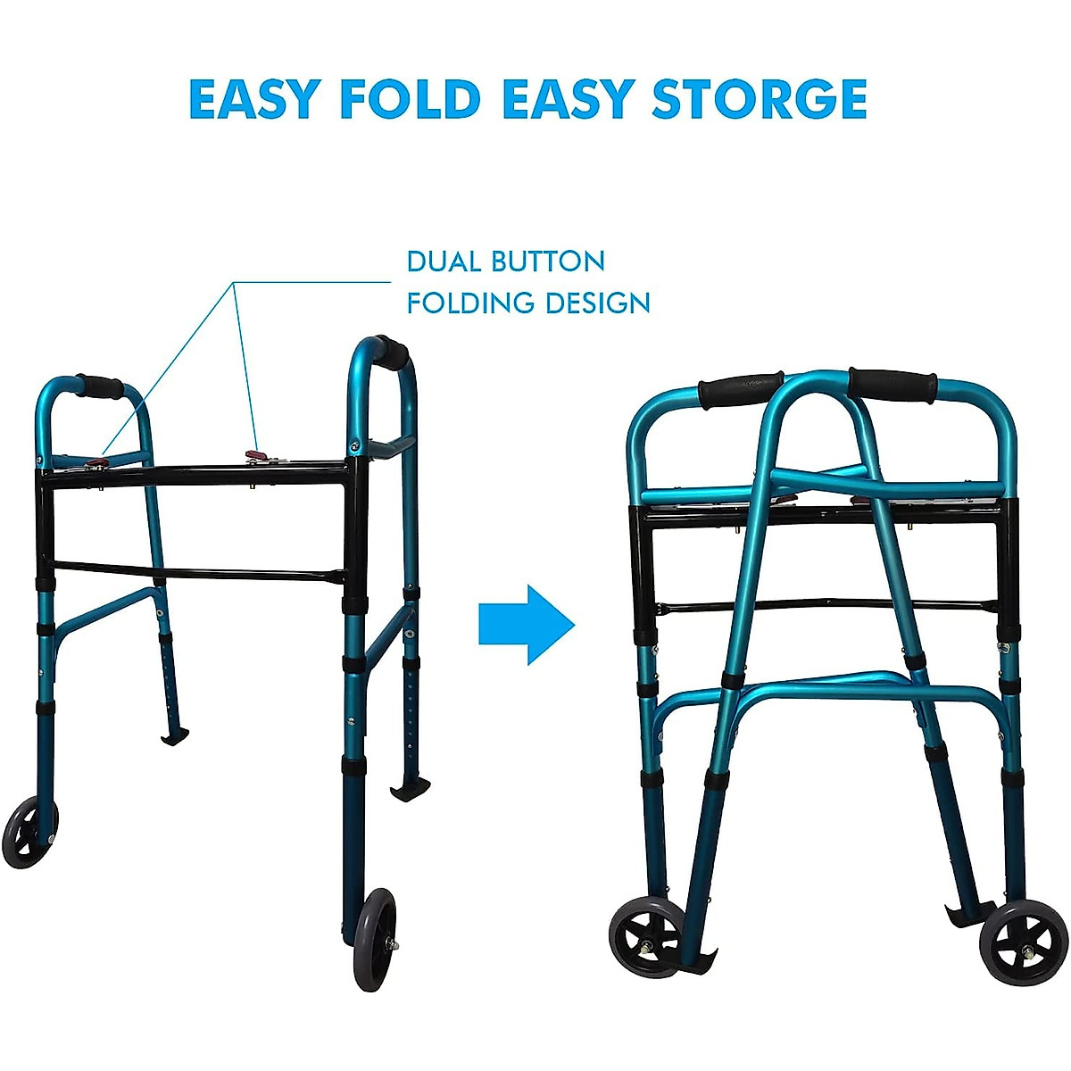UNLICON- Mobility Heavy Duty Folding Walker for Seniors，Bariatric Walker with 5 Inches Wheels for Seniors Wide Walker Supports up to 300 lbs