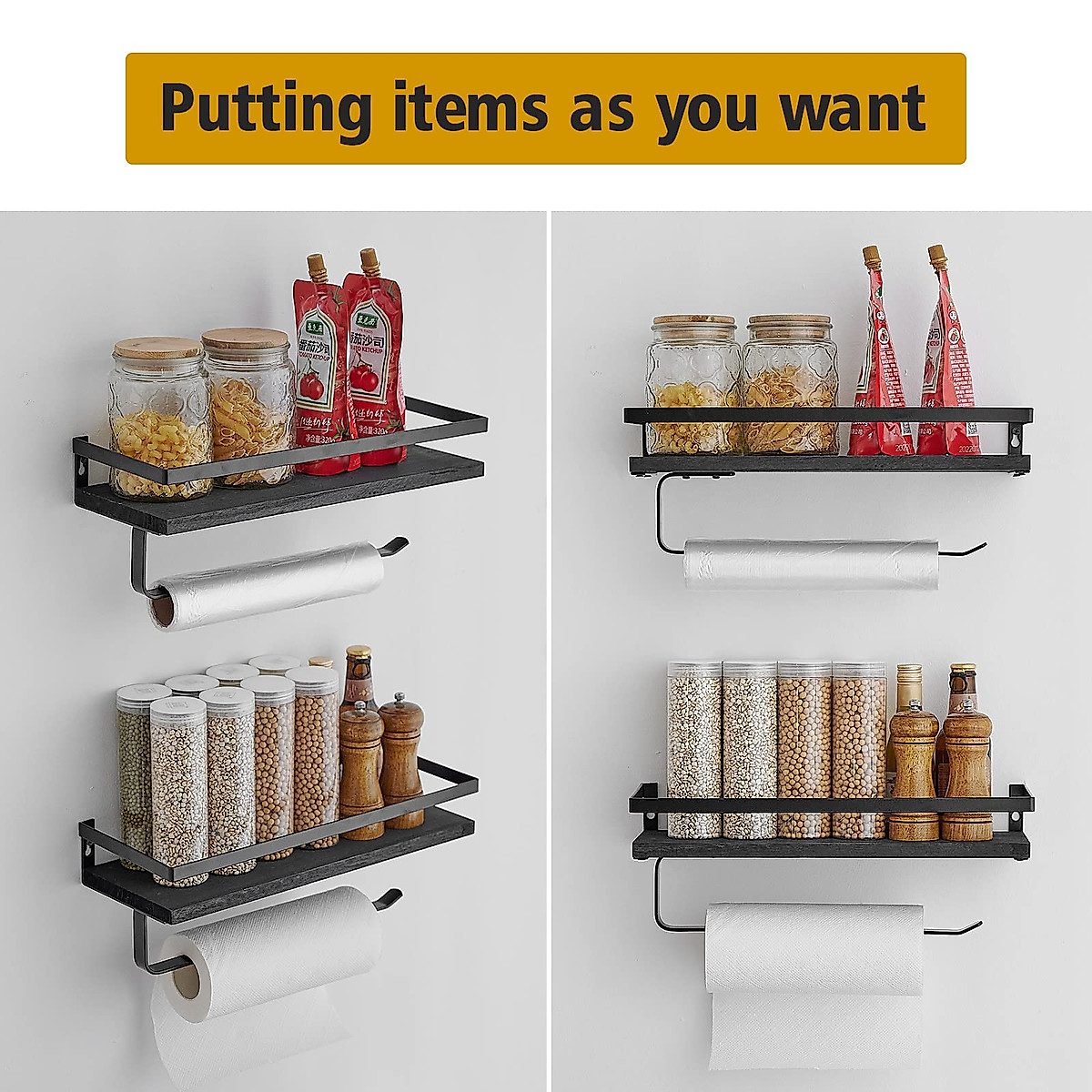 BESy Floating Shelves Wall Mounted Storage Shelves with Towel Rack Rails Bar, Paper Towel Holder with Shelf for Kitchen, Bathroom Tissue Roll Hanger, Matte Black Metal Frame, Set of 2 Black
