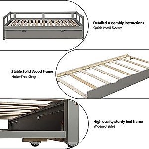 Altillo Twin Size Daybed, Wooden Daybed with Trundle Bed, Extendable Daybed, Sofa Bed with Trundle, Wood Daybed Twin Size for Living Room Bedroom (Grey)