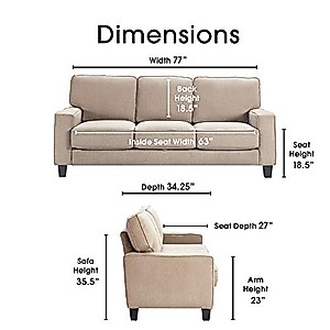 Serta Palisades Sofas with Storage 1 Modern Design, Track Arms, Foam-Filled Cushions, Easy-to-Clean Fabric Upholstery, 77", Soft Beige