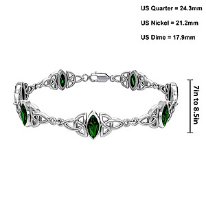 US Jewels 925 Sterling Silver Irish Celtic Trinity Knot Simulated Emerald Glass Bracelet, 8"