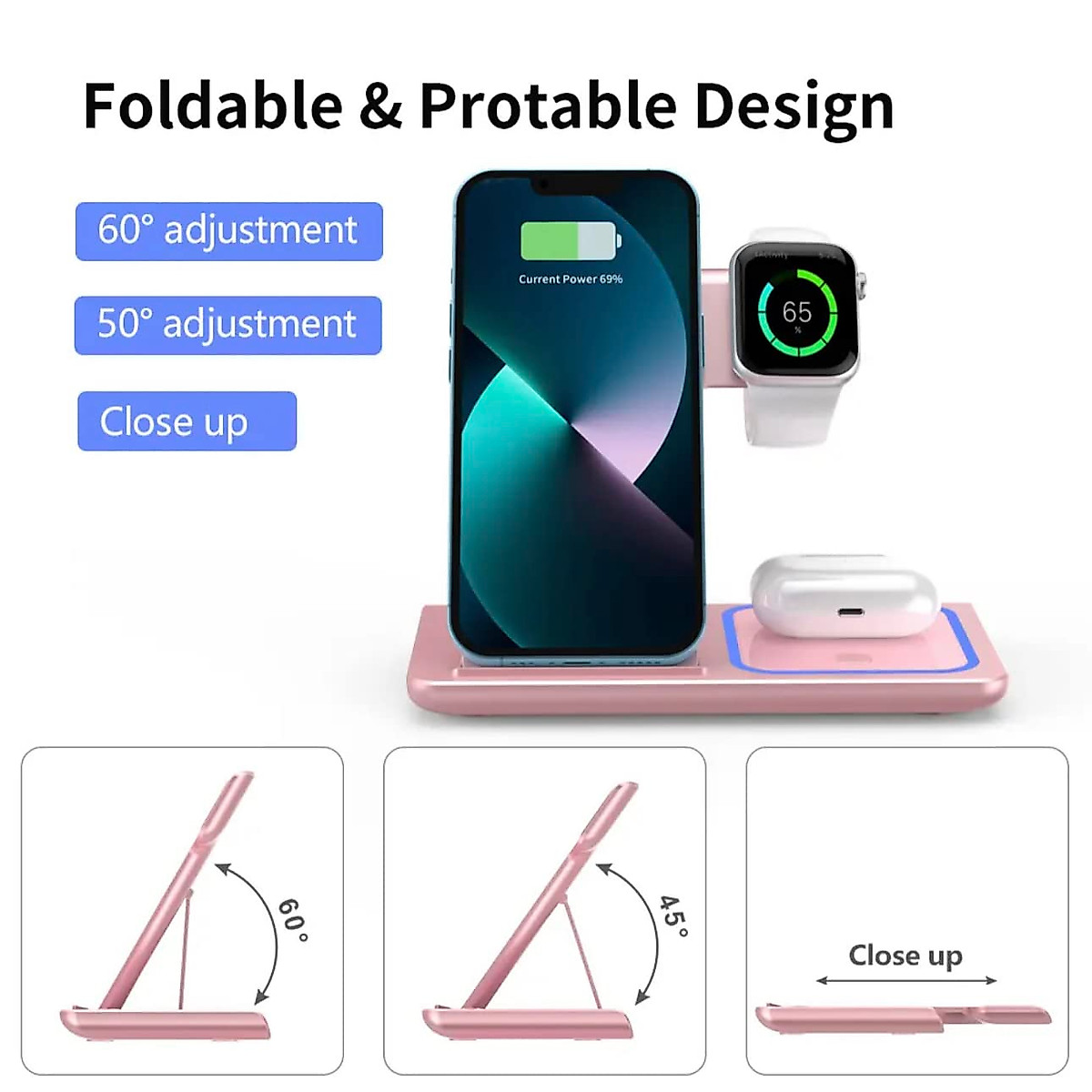 Wireless Charging Station, 3 in 1 Fast Charging Dock for iPhone 14/13/12/11/Pro/X/Max/XS/XR/8/Plus, Apple Watch7/6/5/4/3/2/SE, for Airpods 3/2/Pr0 Wireless Charging Station for Apple (Pink)