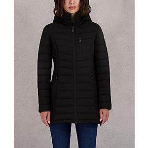 Nautica Women's 3/4 Midweight Stretch Puffer Jacket with Hood, Black, X-Small