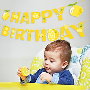 BHNACIER Lemon Banner Lemon Happy Birthday Banner Lemonade Birthday Party Banner Lemon Party Decoration Lemonade Happy Birthday Sign for Summer Fruit Birthday Party Lemon Theme Bridal Shower Supplies