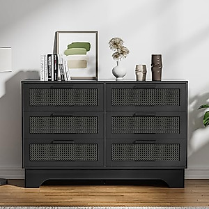 Anmytek Black Rattan 6 Drawer Dresser for Bedroom, Wood Dressers for Bedroom, Natural Wood Storage Wide Dressers & Chests of Drawers Large Storage Cabinet for Closet, Bedroom and Entryway, H0110