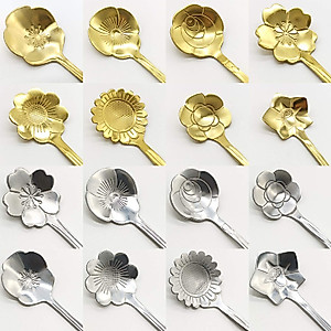 TIHOOD 16PCS Stainless Steel Flower Coffee Spoon Dessert Spoon Sugar Spoon Ice Cream Spoon Stirring Spoon Tea Spoon Milkshake Spoon Set for Tableware Kitchen, Cafe or Bar (Silver and Gold)