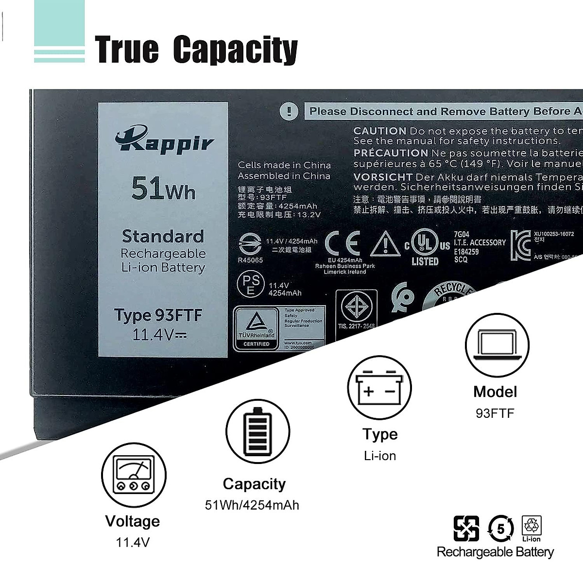 BOWEIRUI 93FTF D4CMT Laptop Battery Replacement for Dell Precision 15 3520 3530 Latitude 5280 5480 5580 5590 5490 5288 5290 5488 E5280 E5580 E5490 E5590 E5480 E5290 Series 4YFVG 83XPC 083XPC DJWGP