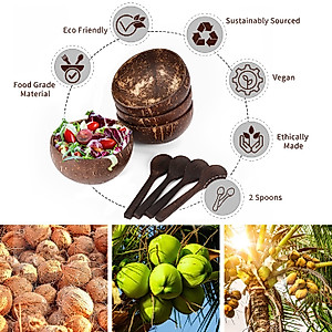 Gute 2 Pack Coconut Bowls with Spoons, Wooden Salad Bowl Sets With Serving Utensils, 100% Natural Reusable Coconut Shell Bowls for Buddha Popcorn, Serving Dishes, Breakfast, Decoration, Party