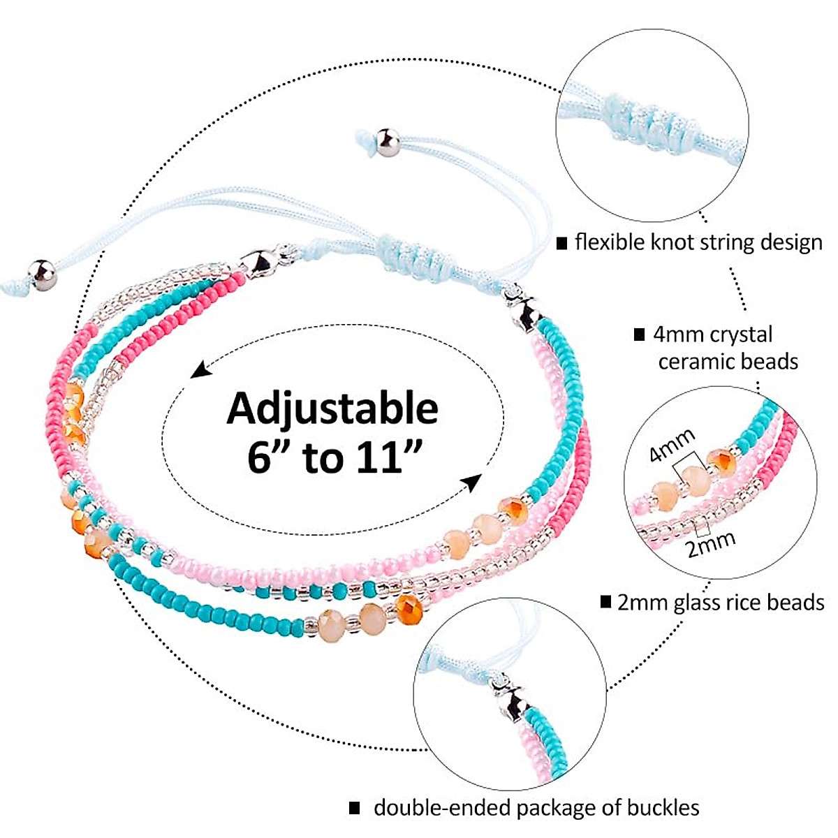 KIYSI 5 Pcs Boho Bohemian Beaded Anklet Bracelets Handmade Beaded Bracelets Unique Colorful Beach Anklet(Lake Blue)