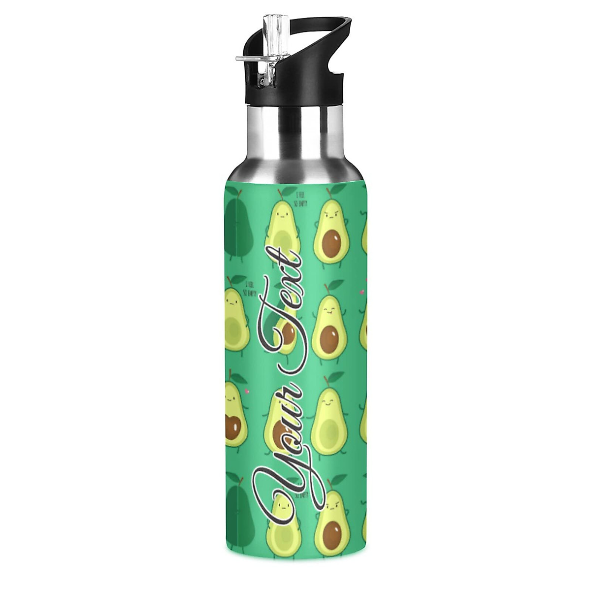 Glaphy Custom Water Bottle, Cute Avocado Water Bottle with Straw Lid, BPA-Free, 20 oz Insulated Stainless Steel, Personalized Name, for School, Office, Gym, Sports, Travel