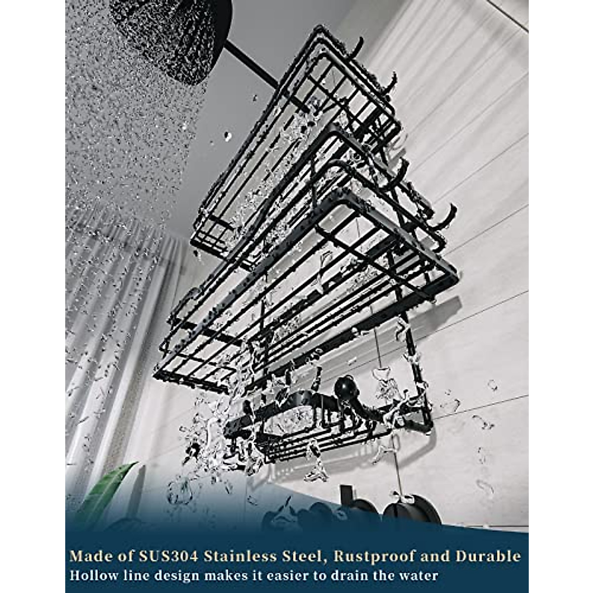 Consumest Shower Caddy over Head Hanging Shower Caddy with Soap Holder, Rustproof & Waterproof Shower Shelf with 4 Movable Hooks, No Drilling Black Shower Rack for Bathroom, Shower Room