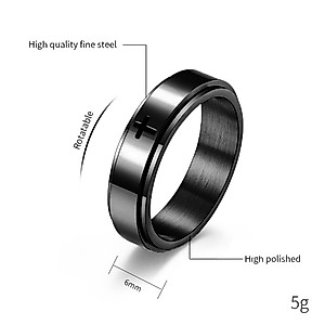 Minimalist Cross Christian Jesus Christ Lord Prayer Rotating Stress Relief Spinner Fidget Band Rings for Men Women for Anxiety Finger Rotate Freely Stainless Steel Fashion Cool Ring Birthday Bff Gifts (Black, 5)