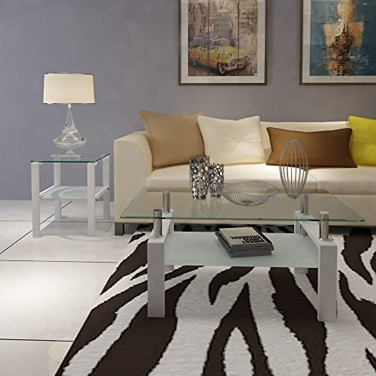 Glass Coffee Table and End Table Sets, White Tempered Glass Living Room Table Set of 3, Modern Tea Table & 2 Side Tables 2-Layer Perfect for Home Office Furniture