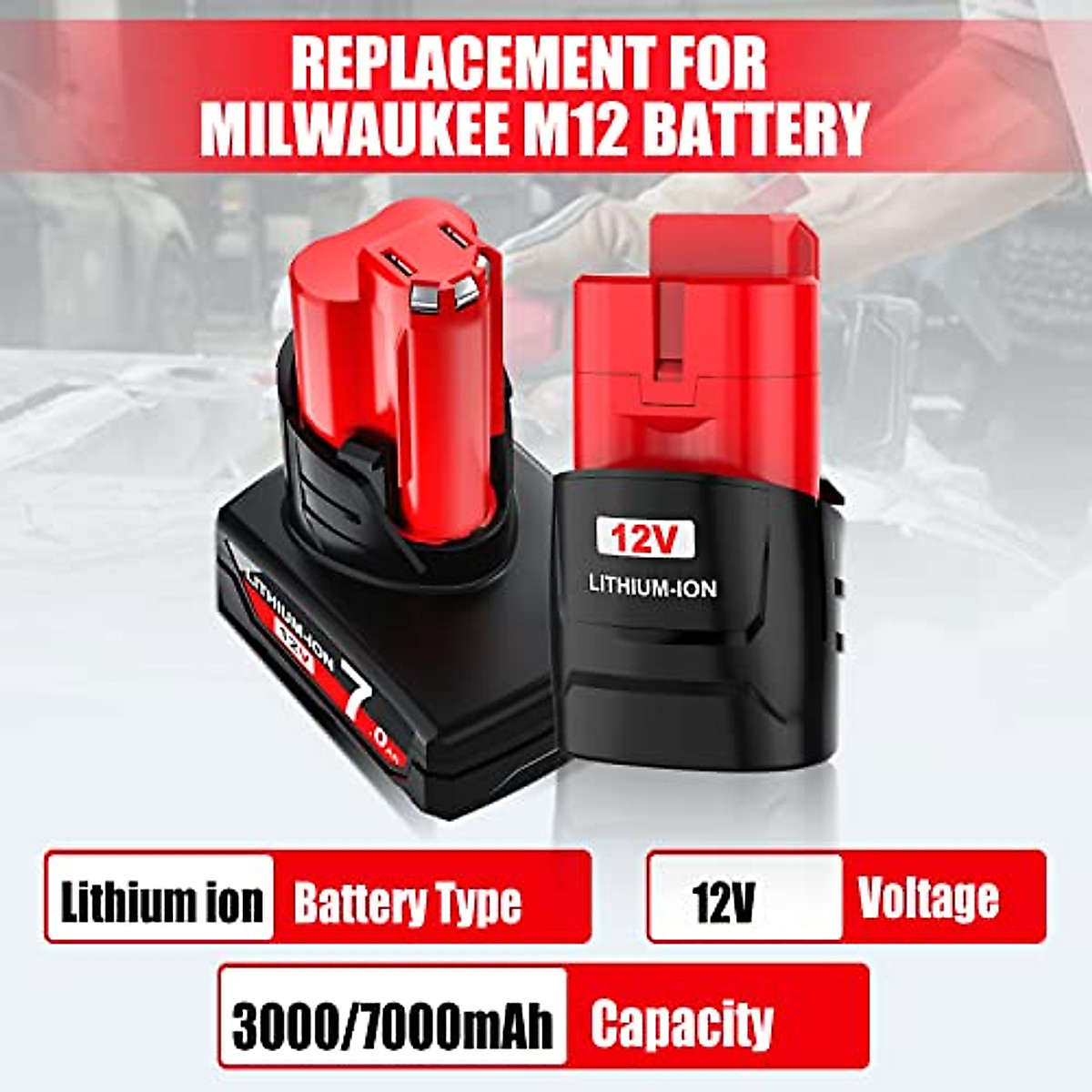 Bonacell 2 Pack Replacement for Milwaukee 12V Battery 3.0Ah and 7.0Ah Lithium Battery Packs Compatible with Milwaukee M12 Battery and Charger Kit
