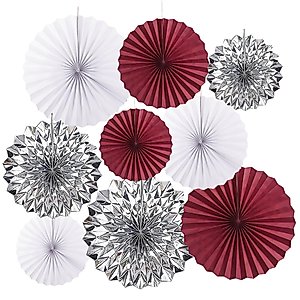 9PCS Burgundy Maroon White Silver Party Streamers Pom Poms Paper Flowers Hanging Party Fans Backdrop Graduation Bridal Wedding Shower Bachelorette Anniversary Birthday Party Décor