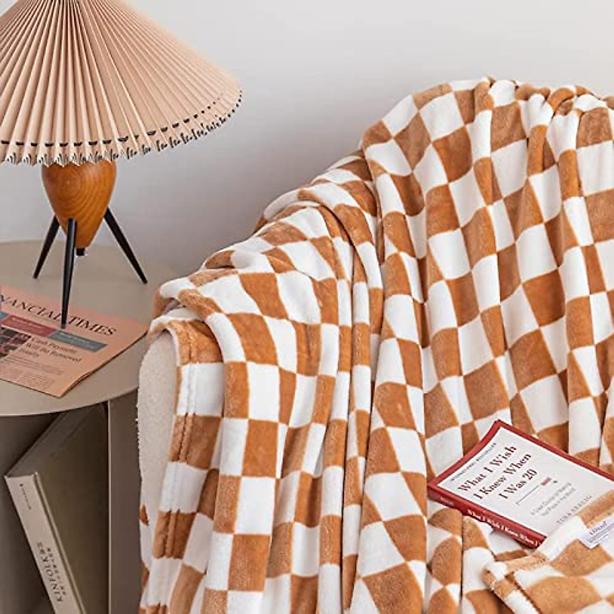 Checkerboard Throw Blankets Luxurious Plaid Flannel Blanket - Super Soft and Warm 100% Polyester Throw for Sofa, Couch, Bed, Car, and Airplane - Elegant Gift Ribbon Included (Khaki,60"x50")