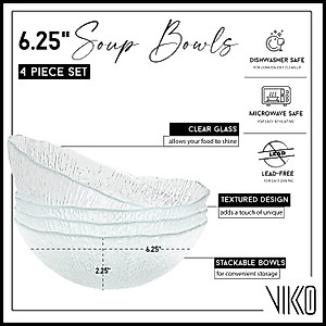 Vikko Soup Bowls, 6.25 Inch Salad Bowls, Glass Soup Bowls, Elegant Textured Glass Bowls, Set of 4, Dishwasher Safe