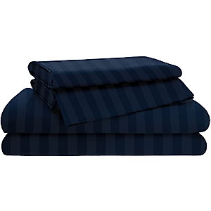 Sunday Home 400 Thread Count 100% Cotton Sheets Damask Stripe Navy Blue Queen Sheets Set 4 Piece - Ultra Soft Long Staple Sateen Weave Luxury Bed Sheet Set with 16" Deep Pockets - Oeko Tex Certified